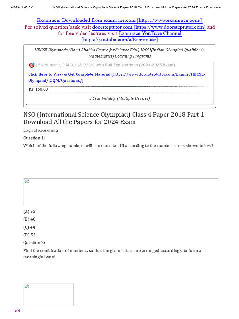 NSO Class 4 Paper 2018 Part 1 | PDF | Science | Mathematics