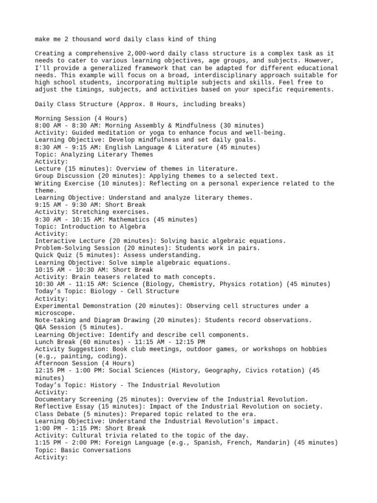 Daily 2000-Word Class Structure Guide | PDF | Mindfulness | Teaching ...