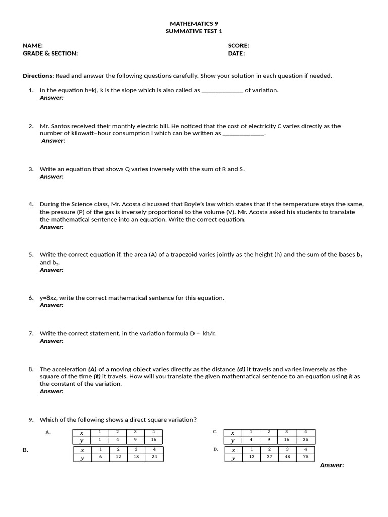 MATHEMATICS 9 Summative Test 1 | PDF | Summation | Gases