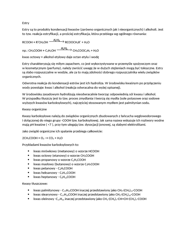 Estry I Kwasy Karboksylowe Podsumowanie Pdf