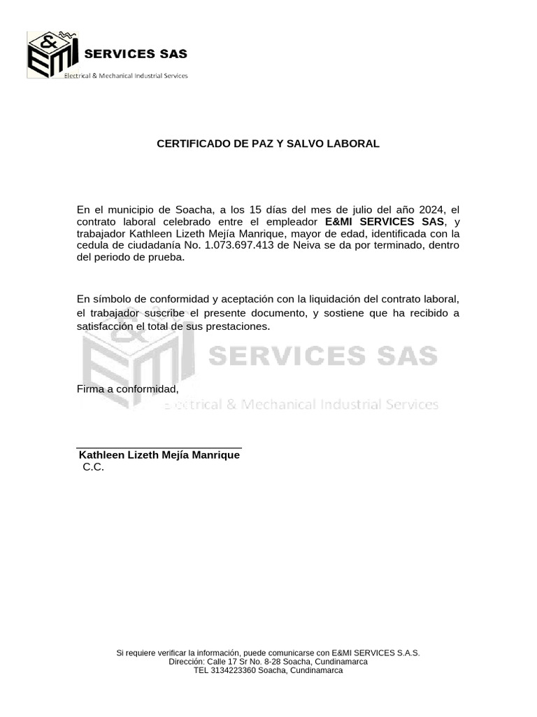 Formato Paz y Salvo Terminacion de Contrato | PDF