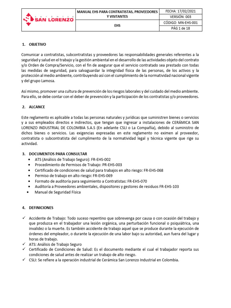 MN-EHS-001 Manual para Contratistas y Proveedores v03 | PDF