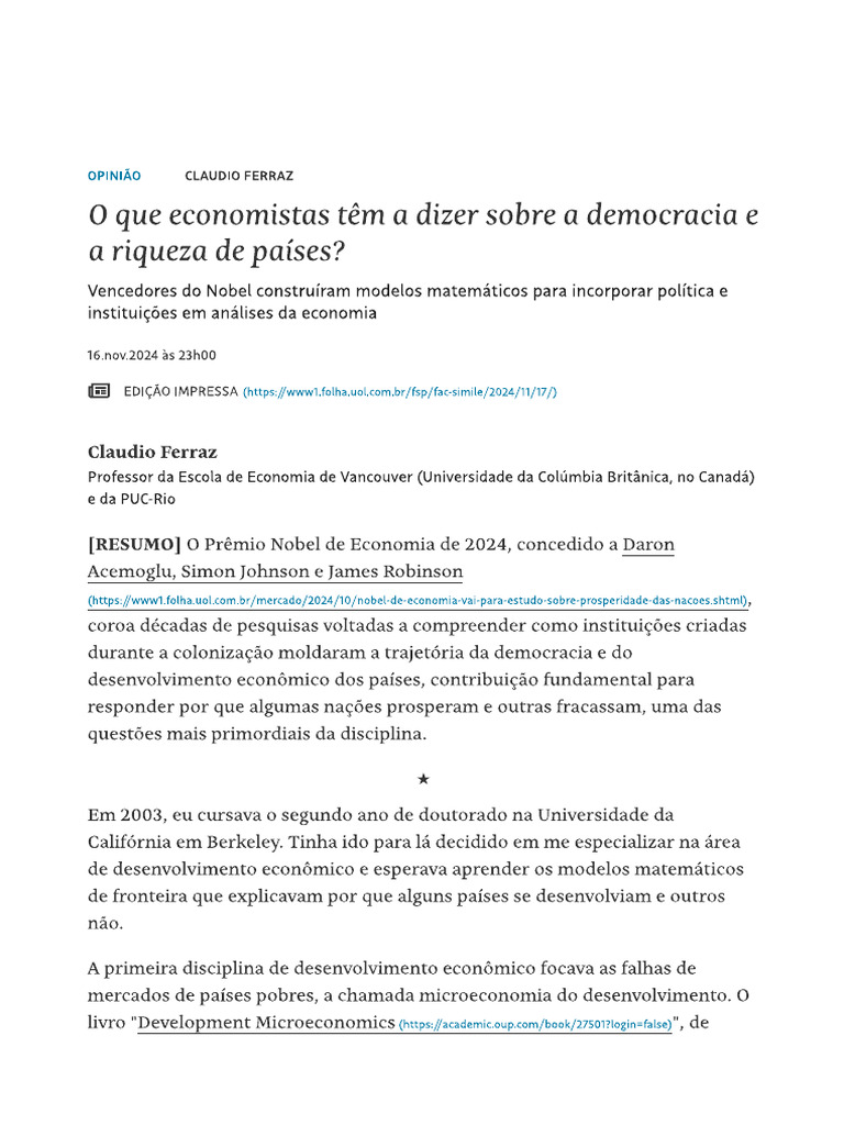 Claudio Ferraz - Sobre Acemoglu | PDF
