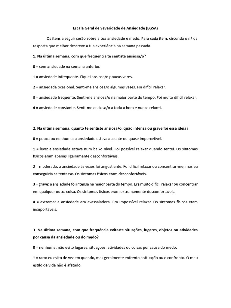 Escala Geral de Severidade da Ansiedade | PDF | Ansiedade | Medo