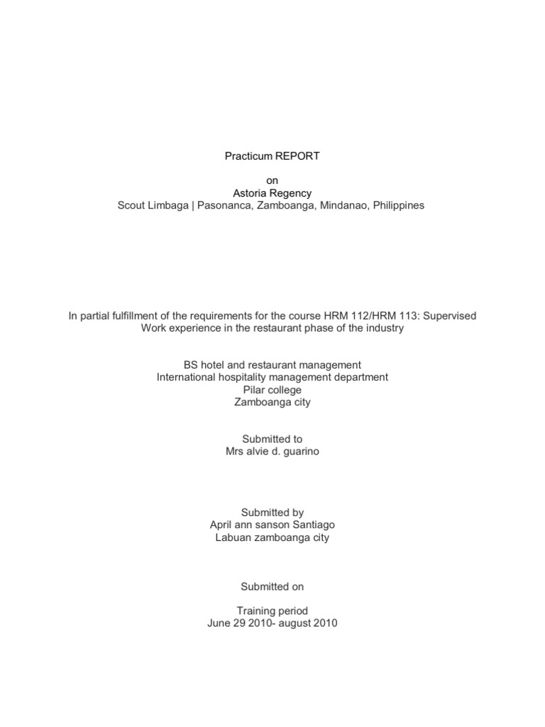 Practicum REPORT | PDF | Hotel | Restaurants
