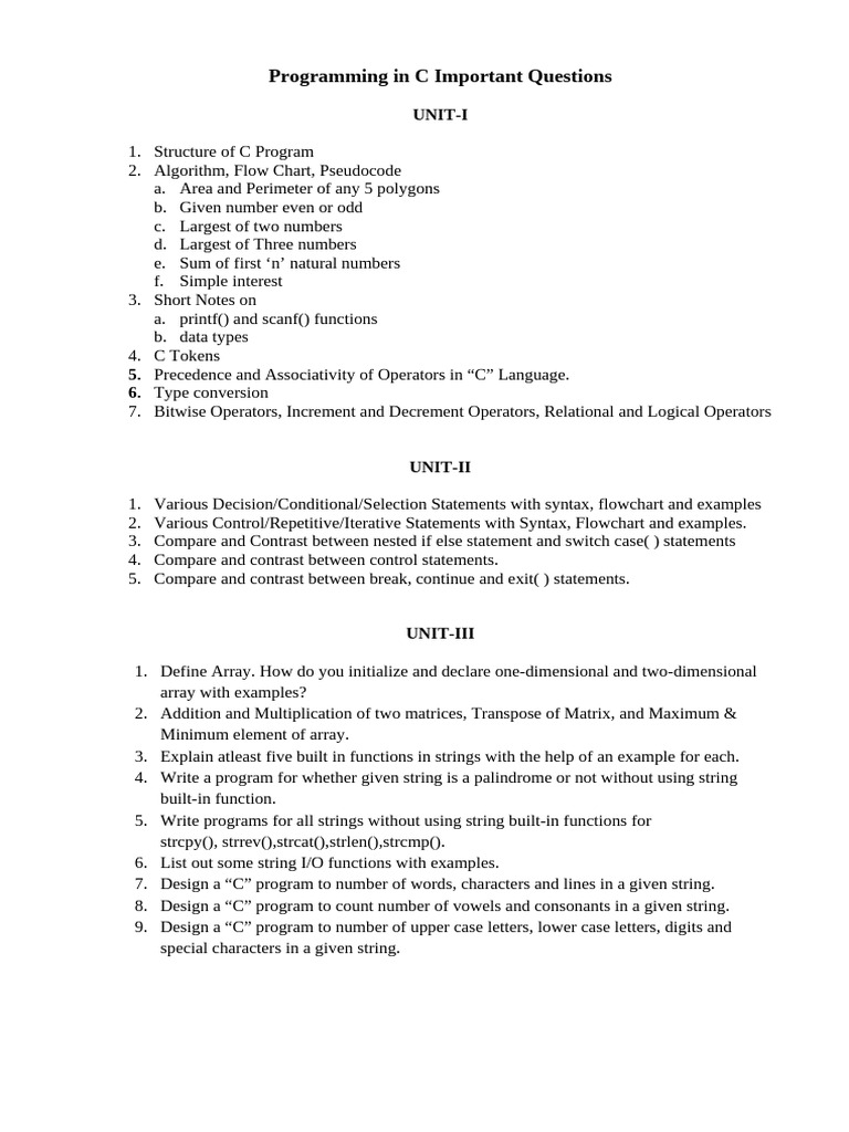 Programmin In C Important Questions 1 Pdf String Computer Science Parameter Computer