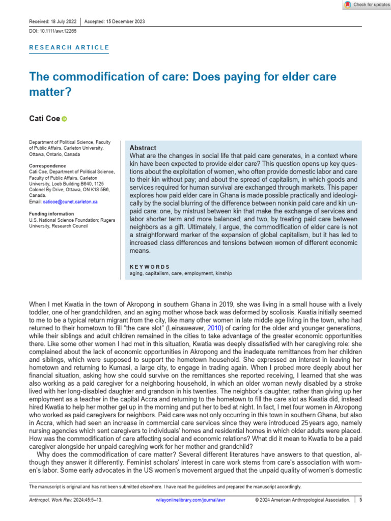 Anthropology of Work Review - 2024 - Coe - The Commodification of Care ...