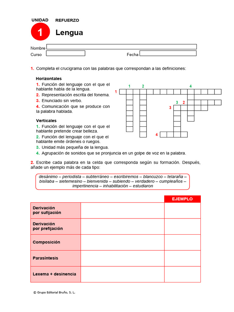 Ejercicios de Lengua: Crucigramas y Morfología | PDF | Mecánica del lenguaje | Relaciones ...