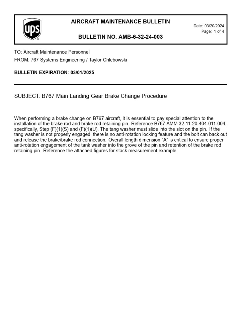 767 Landing Gear Brake Change Procedure Bulletin No - Amb-6-32-24-003 | PDF