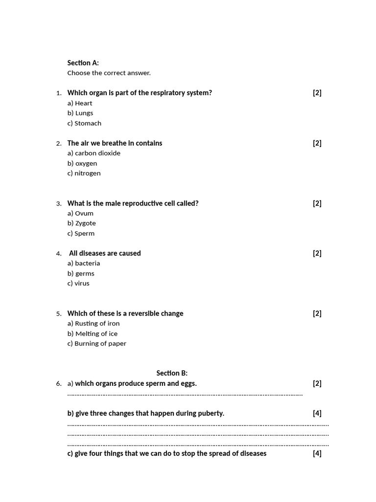 Science Exam Grade 6 | PDF | Breathing | Respiratory System
