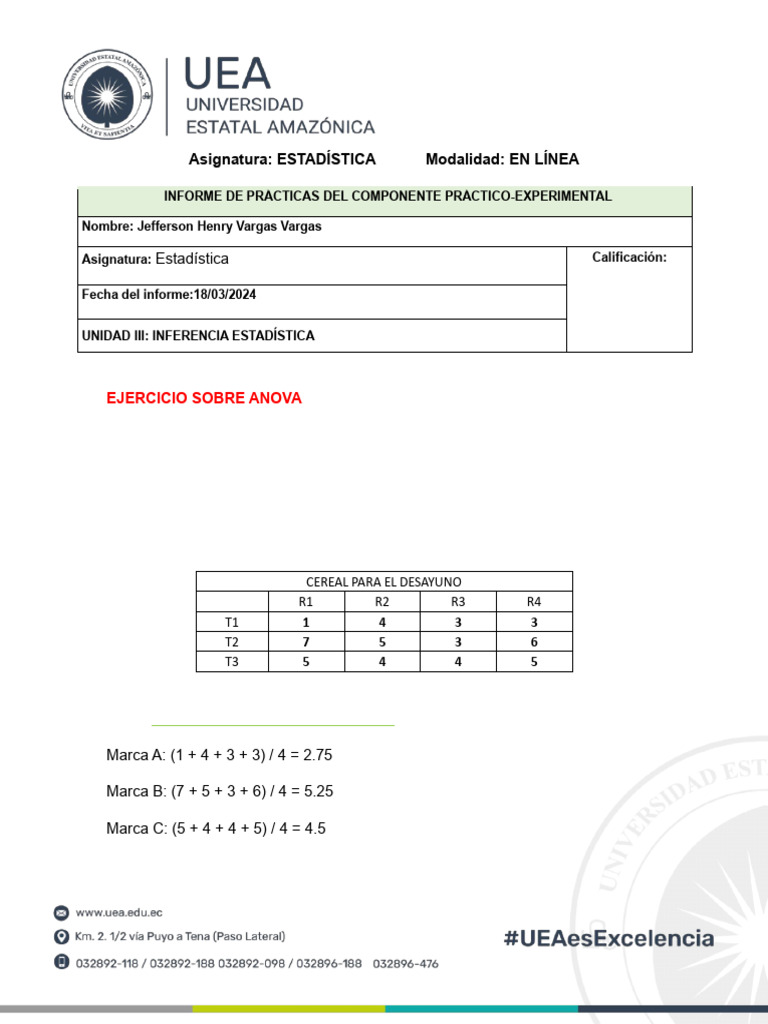 TAREA - ANOVA MANUAL Jeffer | PDF | Análisis estadístico | Método científico