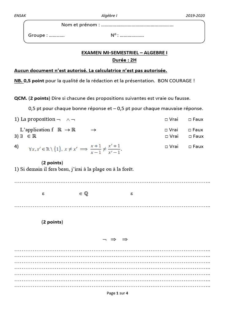 CC1 Algebre 1 - 2019-2020 | PDF