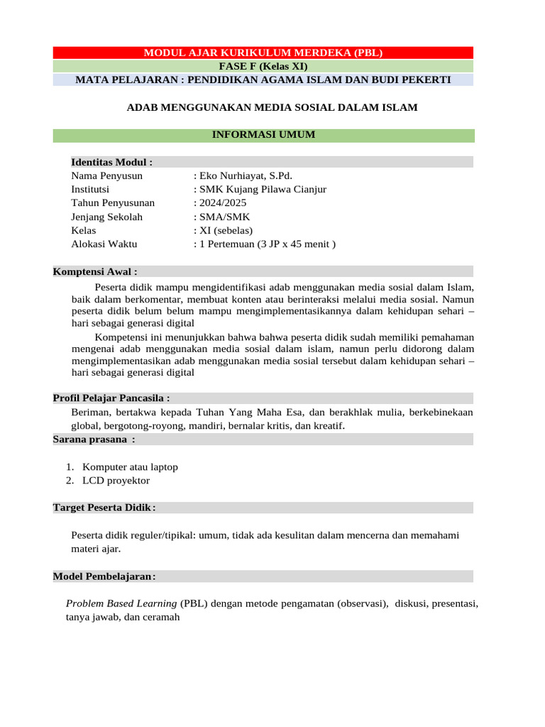 Modul Ajar Peer Teaching 2 PBL | PDF