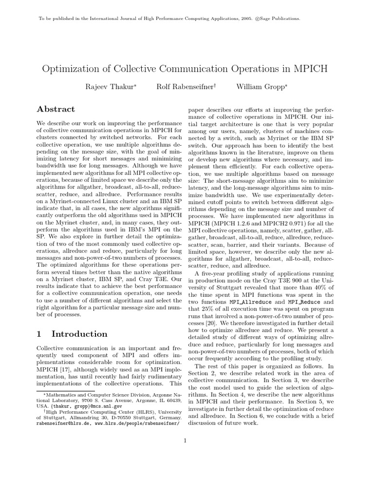 Thakur05-Optimization of Collective Communication Operations in MPICH | PDF | Computer Cluster ...