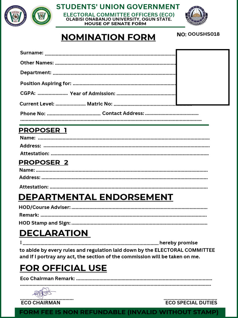 OOU Senate Nomination Form 2023 | PDF | Government | Elections