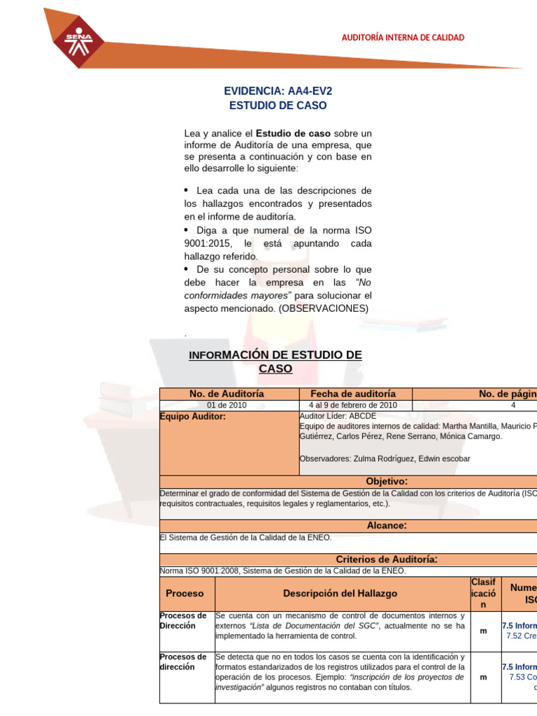 Evidencia AA4 Ev2 - Estudio de Caso | PDF | Sistema de manejo de calidad | Gestión de la calidad