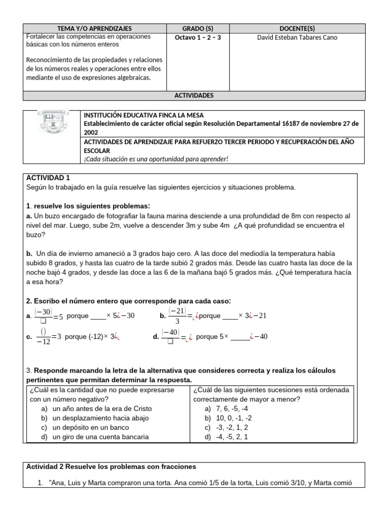 Matemáticas - Octavo 1 - 2 - 3 - Año David Tabares | PDF | Matemáticas