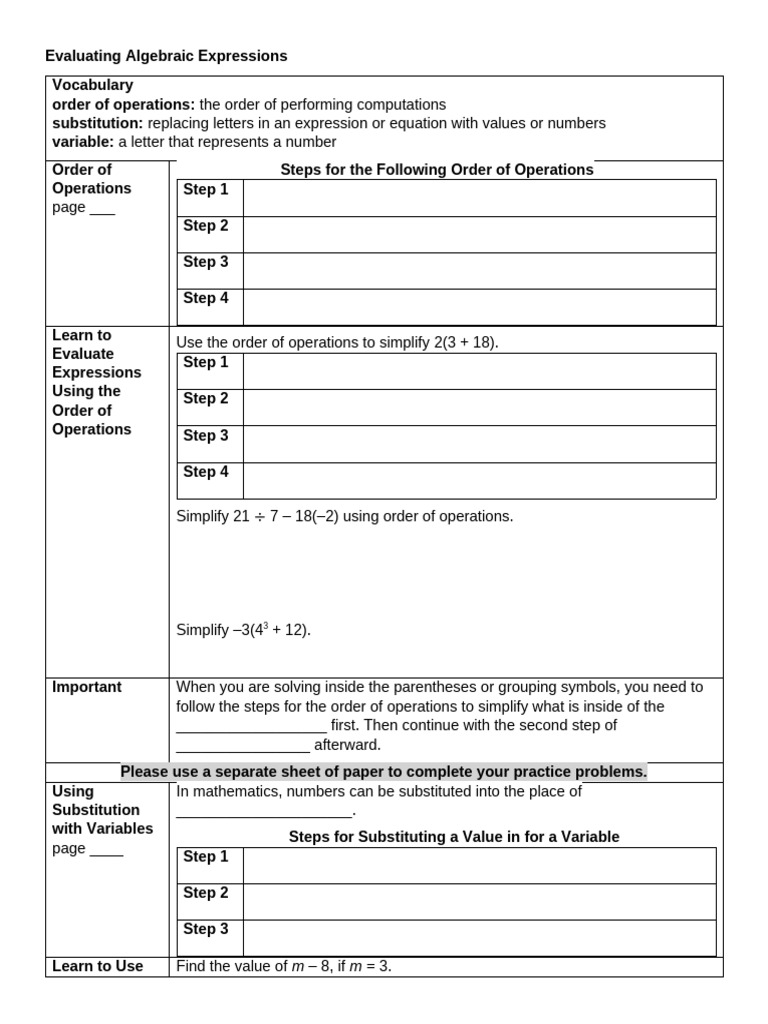 Evaluating Algebraic Expressions Guided Notes Flvs | PDF