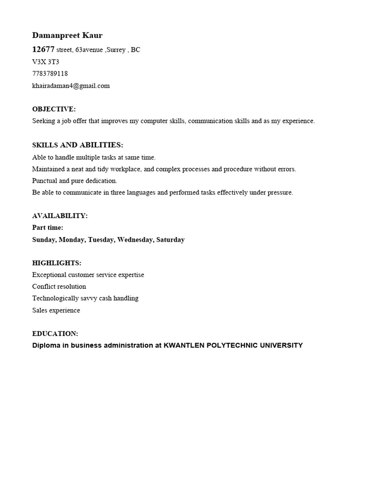 Job-Seeking Resume of Damanpreet Kaur | PDF