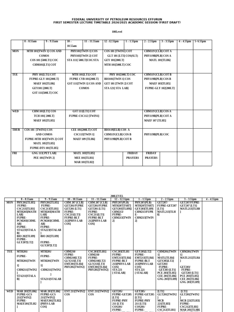 FUPRE 2024/2025 First Semester Timetable | PDF