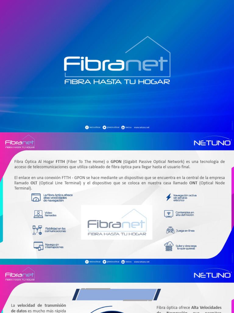 Presentación Fibranet NETUNO | PDF | Telecomunicaciones | Tecnología de información y comunicaciones