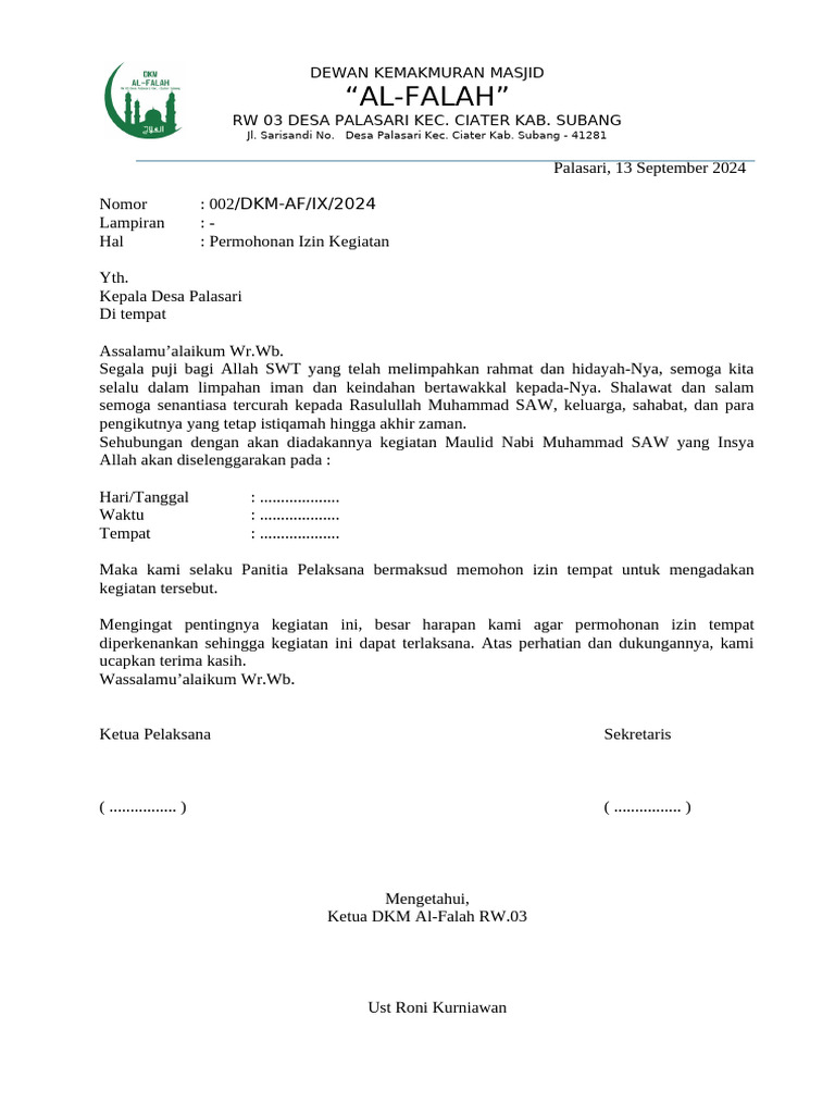 Surat Permohonan Ijin Tempat | PDF