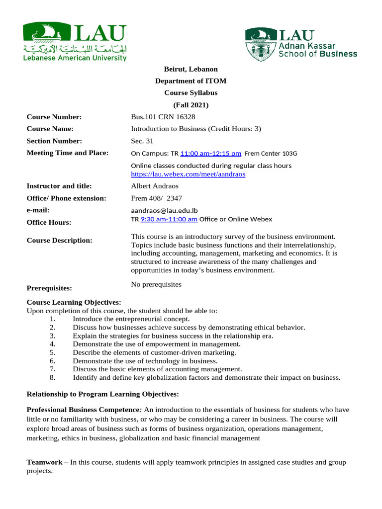 Intro to Business Syllabus Fall 21 | PDF | Academic Dishonesty | Plagiarism