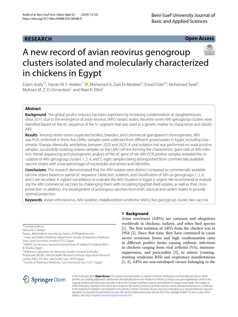 A New Record of Avian Reovirus Genogroup Clusters Isolated and Molecularly Characterized in ...