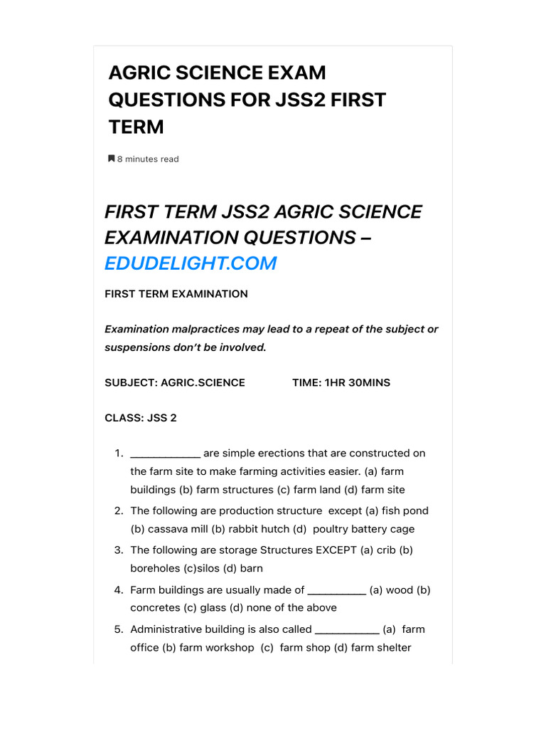 Agric Science Exam Questions For JSS2 First Term | PDF | Crop Rotation | Agriculture