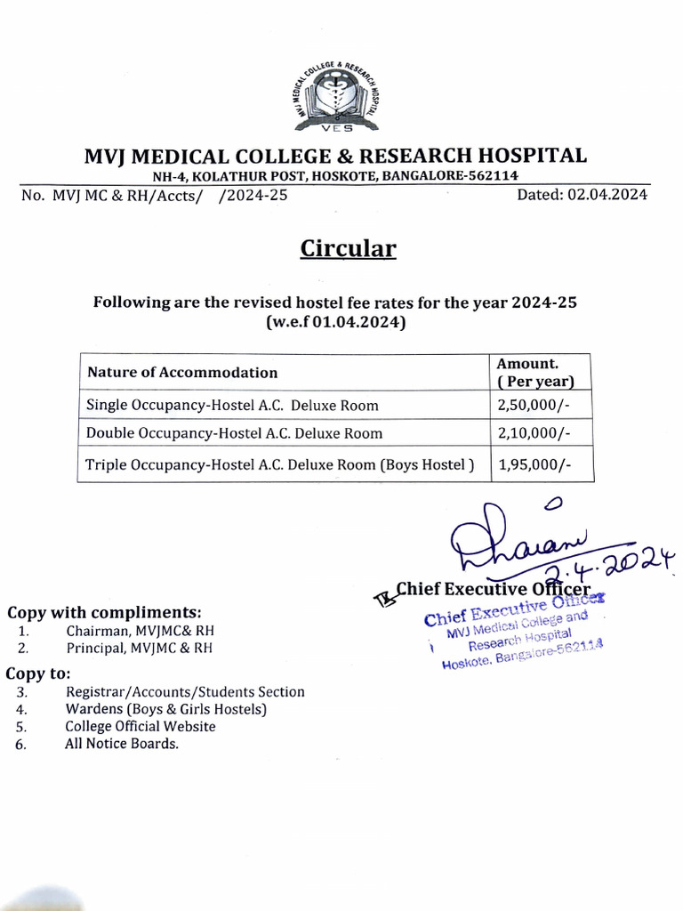 Revised 2024-25 Hostel Fees at MVJMC | PDF