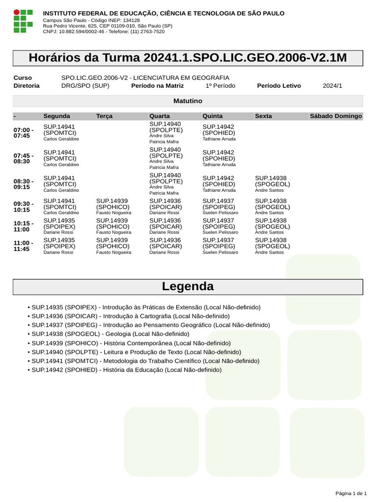 Horários Licenciatura em Geografia | PDF
