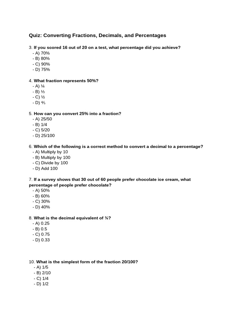 8 Decimal, Fraction and Percent - Quiz | PDF | Percentage | Odds