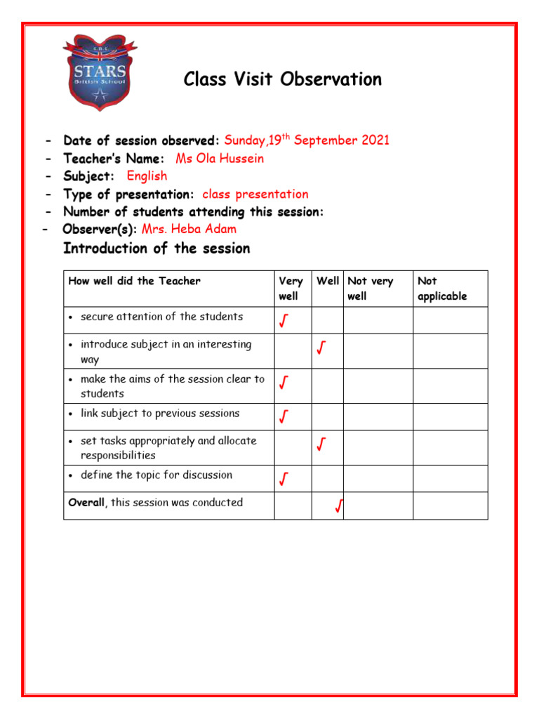 Class Visit Observation Ola 19th Sep | PDF | Teachers | Human Communication