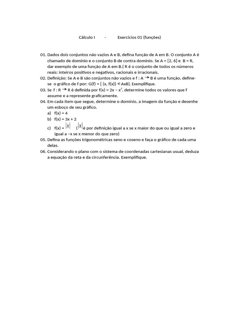 Cálculo I Exercicios 01 | PDF