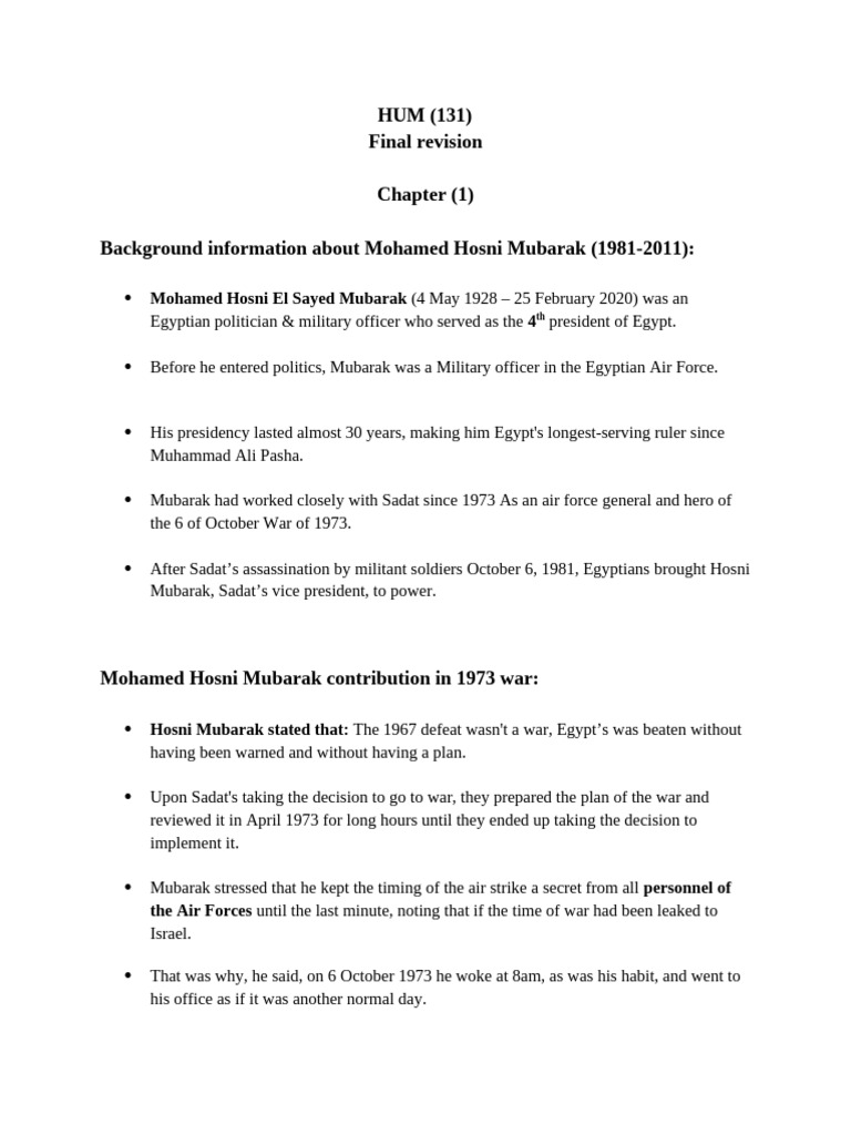 HUM 131 (Final Revision) | PDF | Egypt | Hosni Mubarak