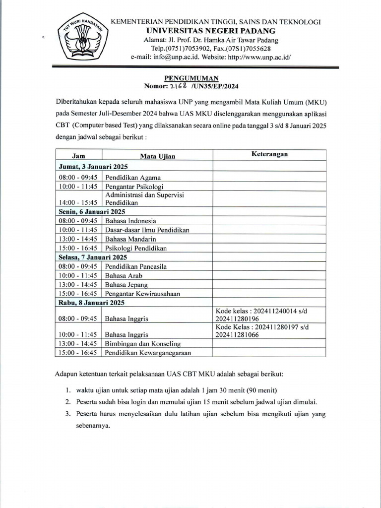 Pengumuman Jadwal UAS MKU CBT | PDF