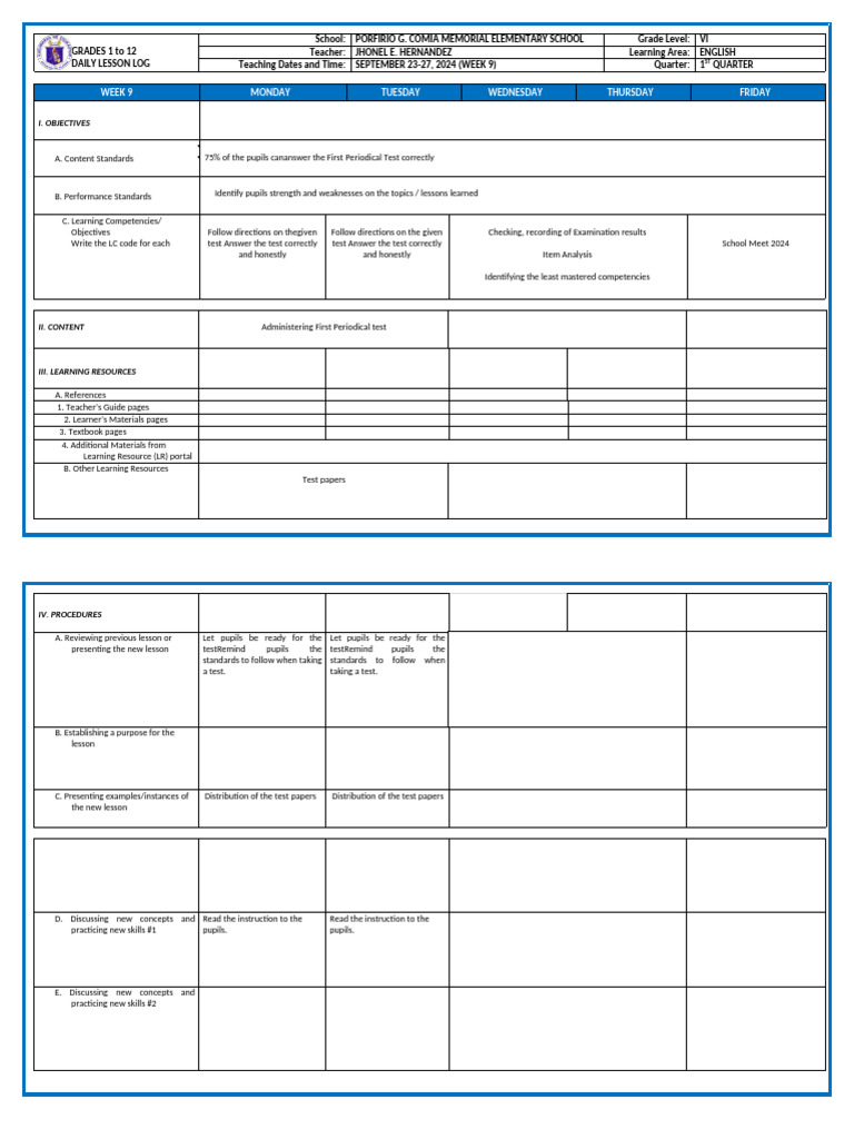 Hernandez Melc Based Grade 6 DLL Quarter 1 Week 9 | PDF | Learning | Teachers