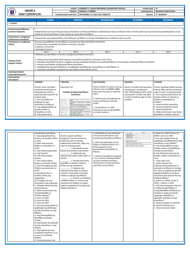 Mañibo Melc Based Grade 6 DLL Quarter 1 Week 6 | PDF