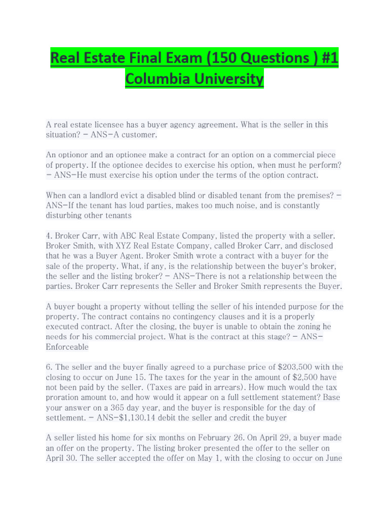 Real Estate Final Exam (150 Questions) #1 Columbia University | PDF