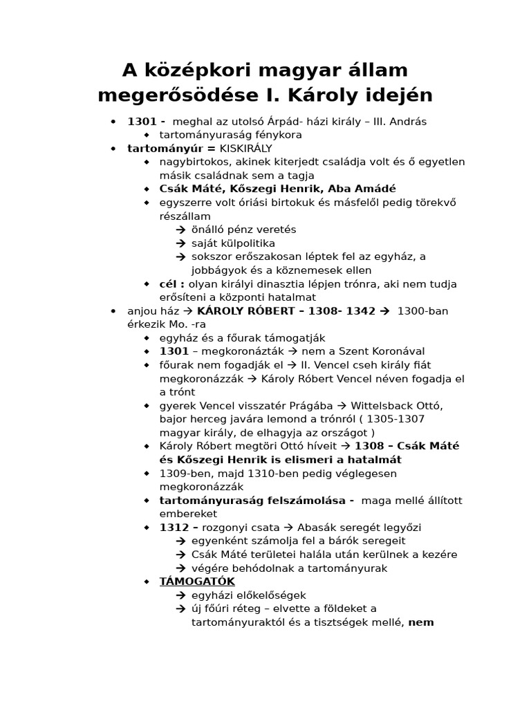 A Középkori Magyar Állam Megerősödése I. Károly | PDF