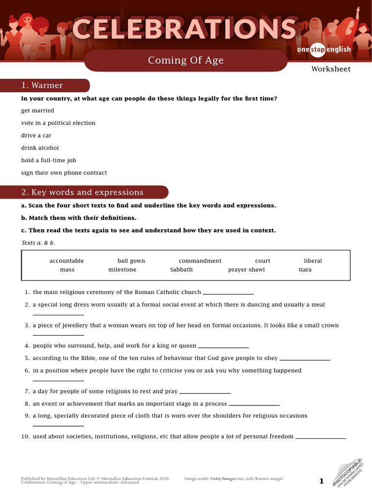 Celebrations Coming of Age Upp Adv Worksheet 2 | PDF