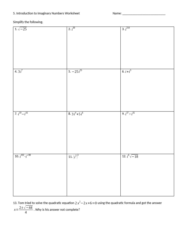 Introduction To Complex Numbers Worksheet | PDF