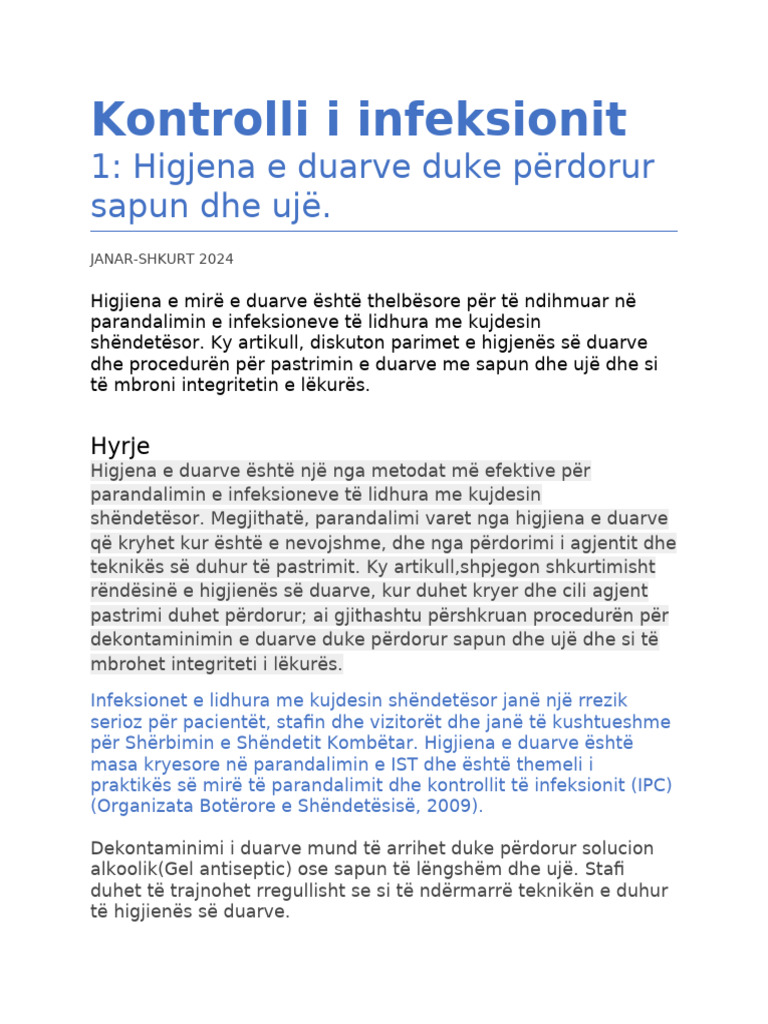 Kontrolli i infeksionit,HIGJENA E DUARVE | PDF