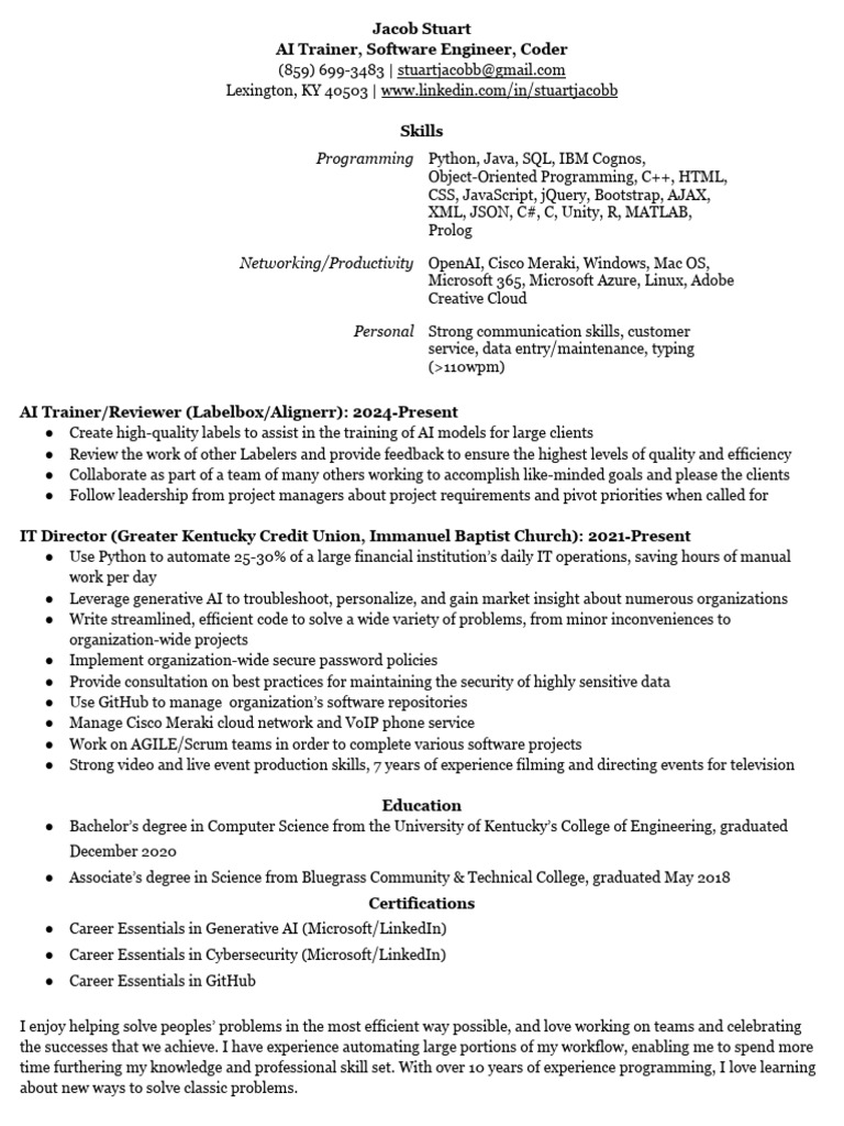 Jacob Stuart AI Resume | PDF | Artificial Intelligence | Intelligence ...