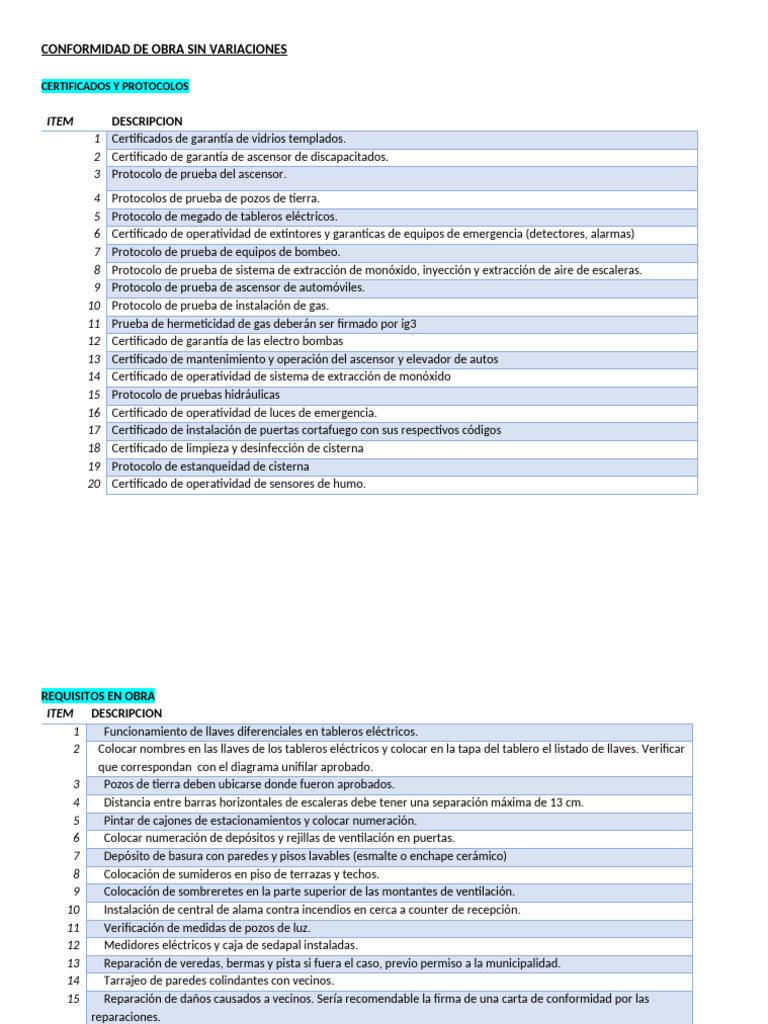 CONFORMIDAD DE OBRA SIN VARIACIÓN-Requisitos y Certificados | PDF | Ascensor