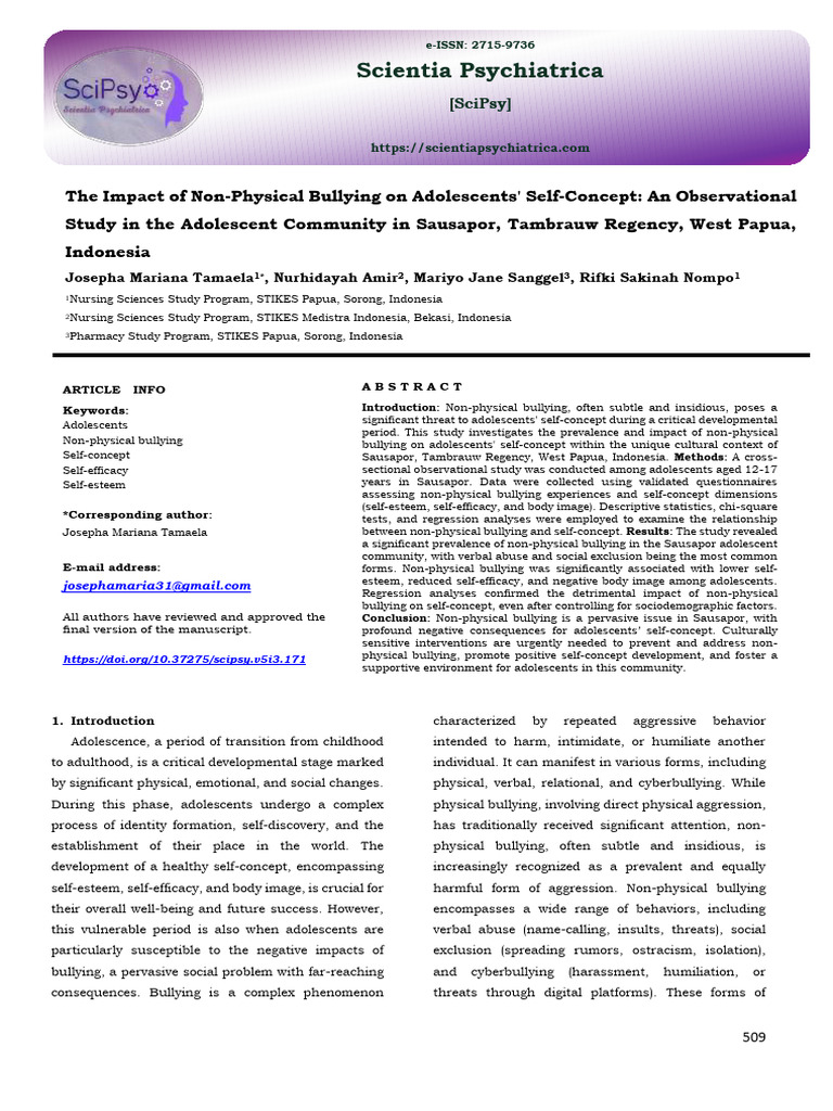 Non-Physical Bullying's Impact on Adolescents | PDF | Bullying | Self ...