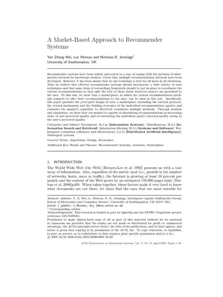 105-Market Based Approach To Recommender Systems | PDF | Auction ...