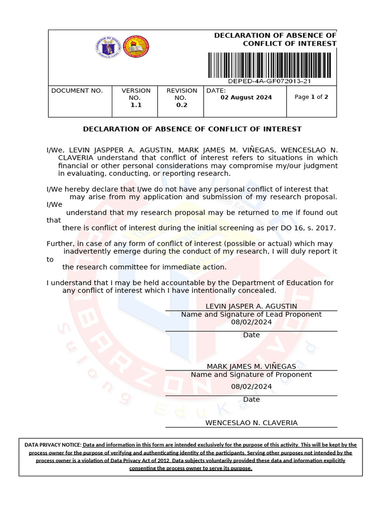 Agustin - Declaration of Absence of Conflict of Interest | PDF | Conflict Of Interest | Justice