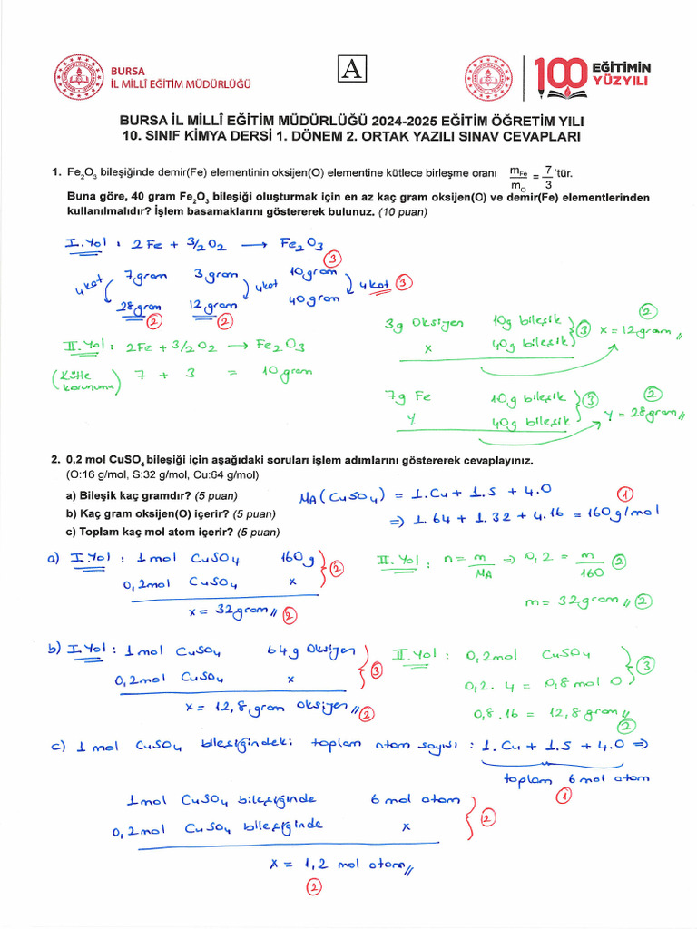 Kimya 10 Sinif A Kitapcigi Cevaplari | PDF