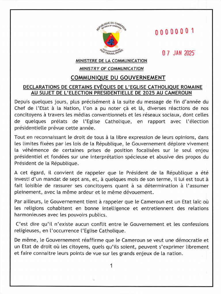 Communiqué MINCOM 7 Janvier 2025 Déclarations Evêques | PDF